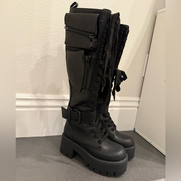 Dolls Kill | Shoes | Dolls Kill Black Kneehigh Obsidian Combat Boots ...